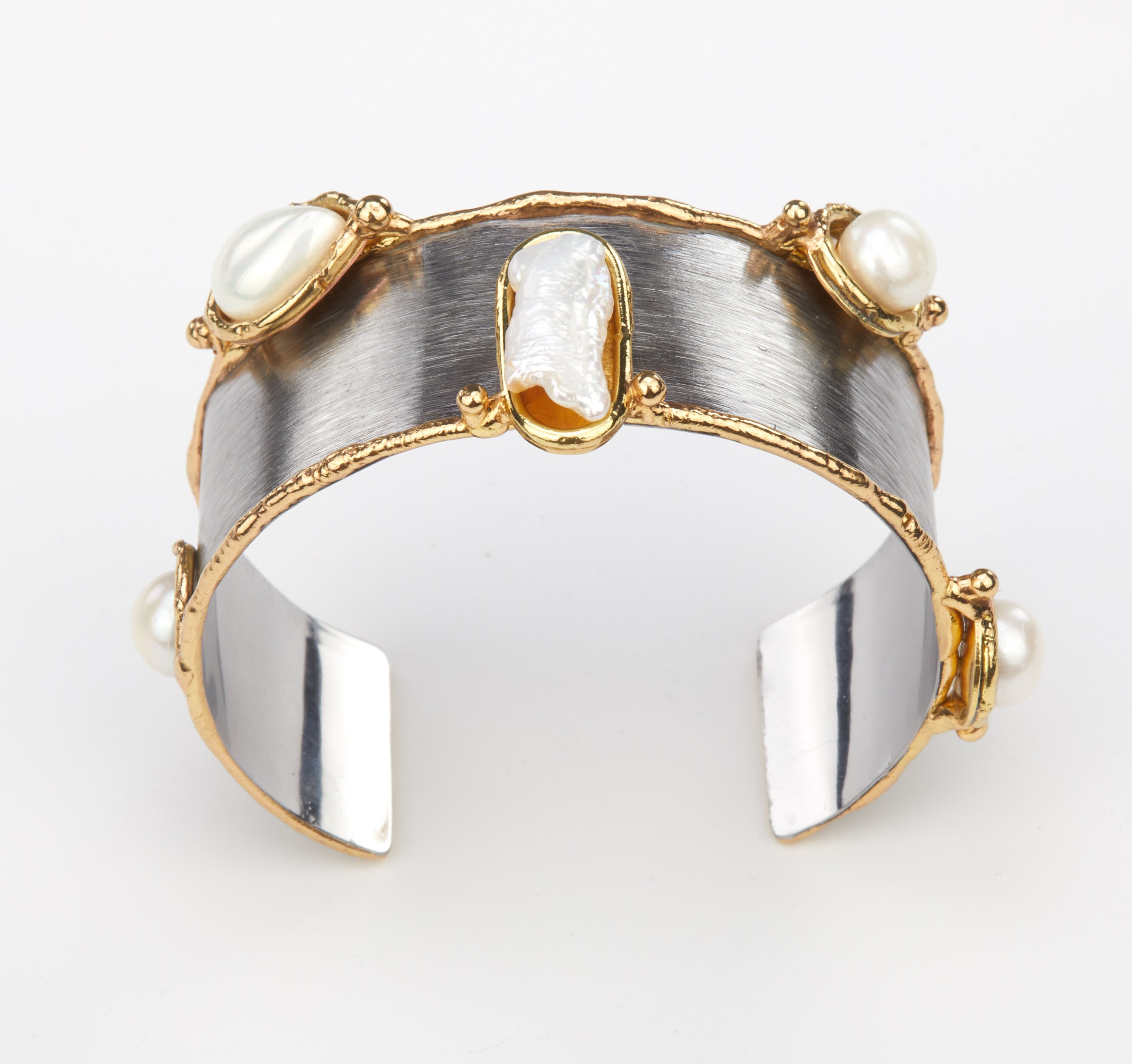 Wide Metal Band Cuff With Baroque Pearls in Brass Bezel.brass Rimmed ...