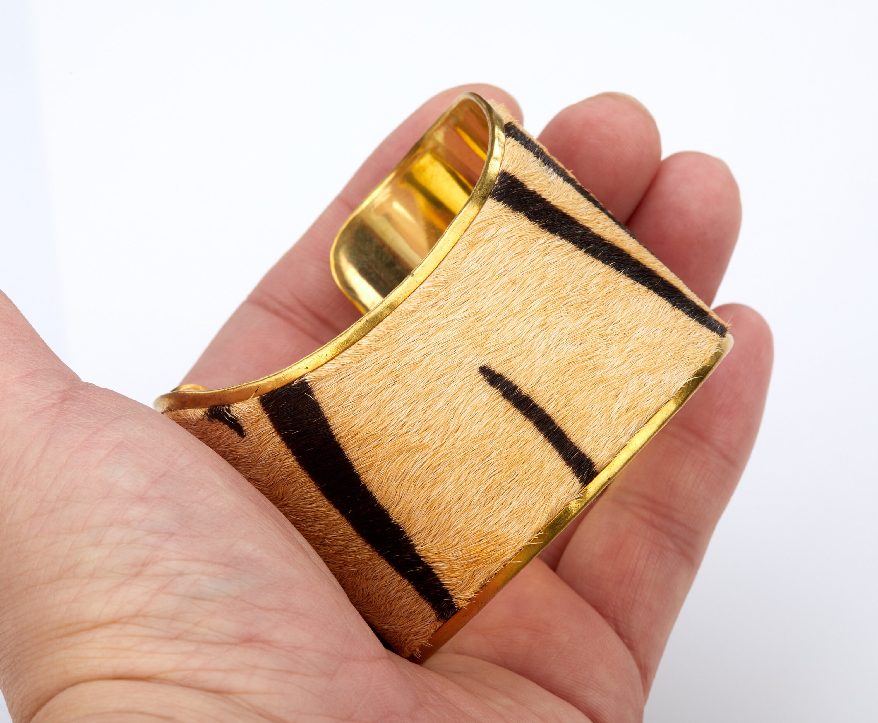 Painted Animal Fur Covered Wide Brass Cuff Bracelet,wild Chic Fashion ...