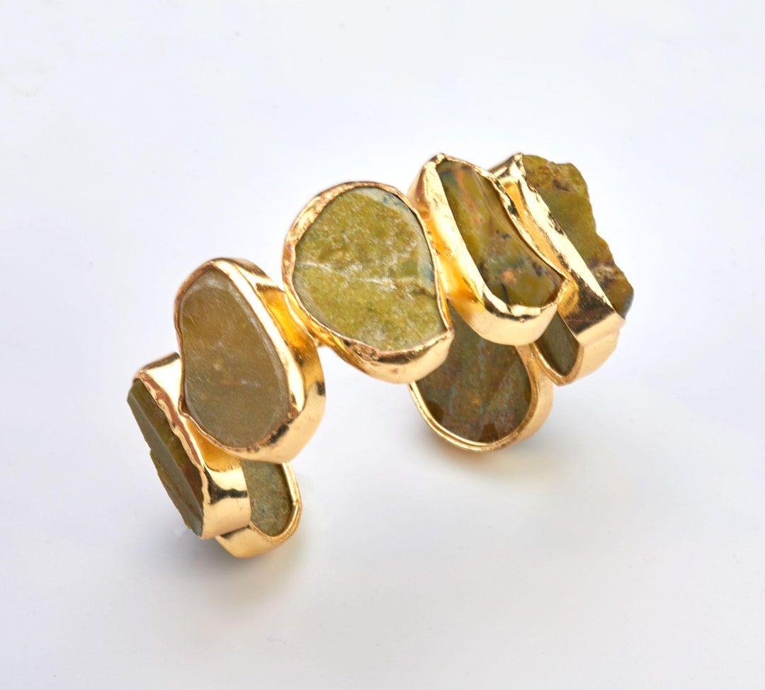 Large Rough Olive Opal Stone Chain Cuff Bracelet,bezeled Raw Olive Opal ...