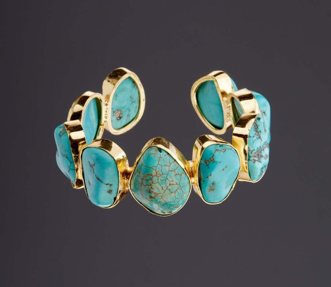 Large Turquoise Stone Chain Cuff,bezeled Turquoise Cuff,december Birth ...