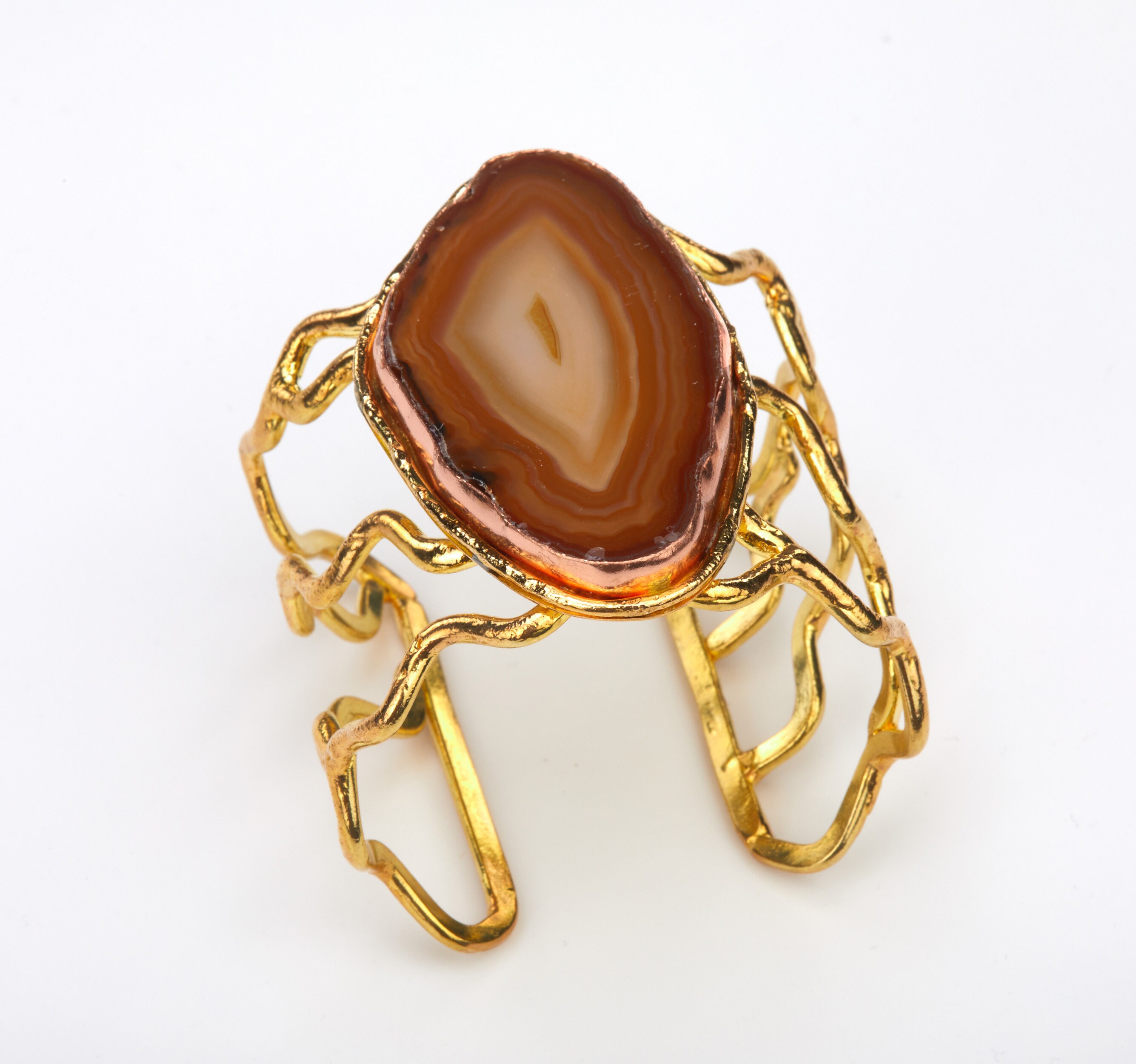 Very Large Sliced Brazilian Agate Cuff With Wavy Brass Wire Framed Band ...