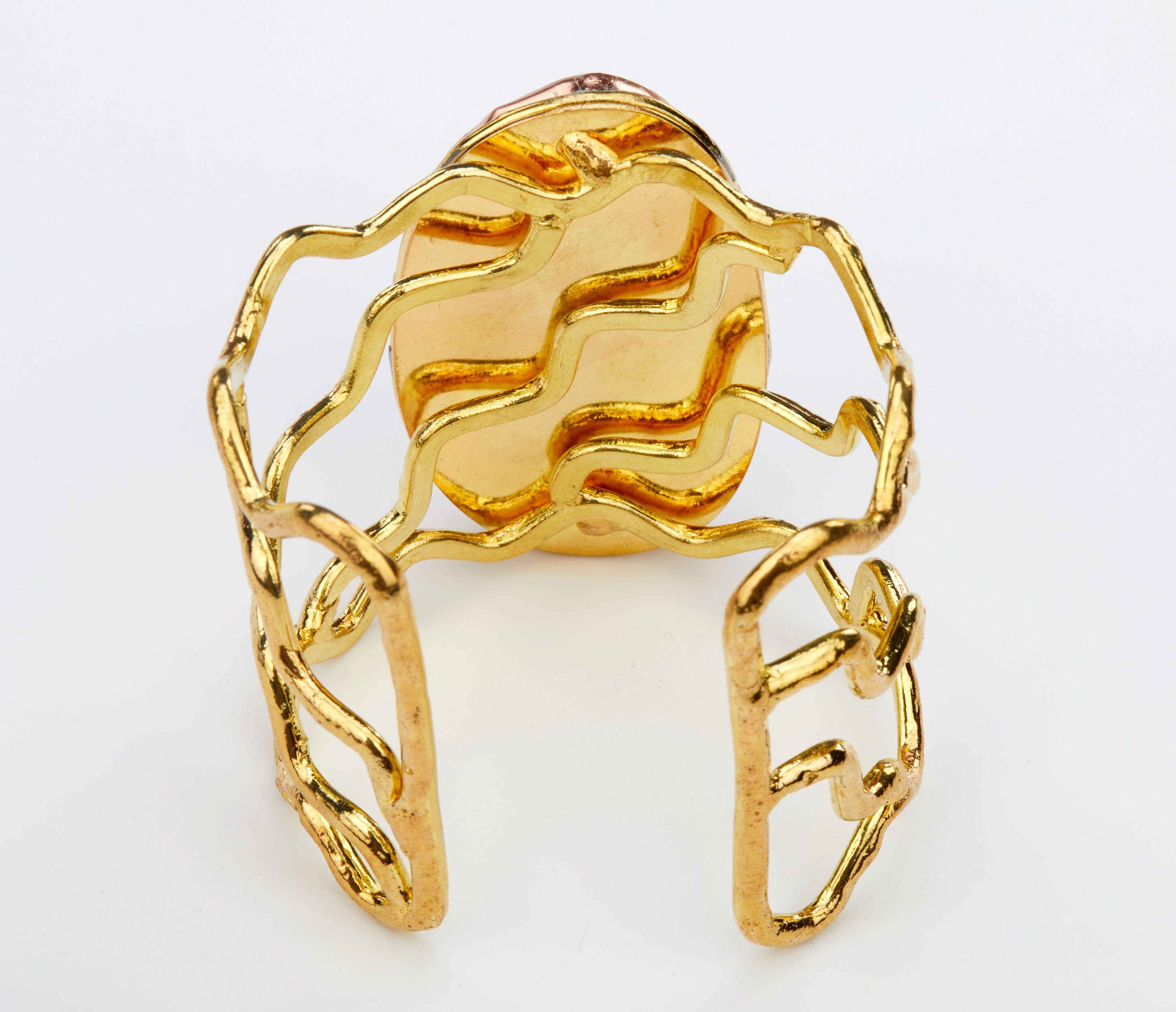 Very Large Sliced Brazilian Agate Cuff With Wavy Brass Wire Framed Band ...