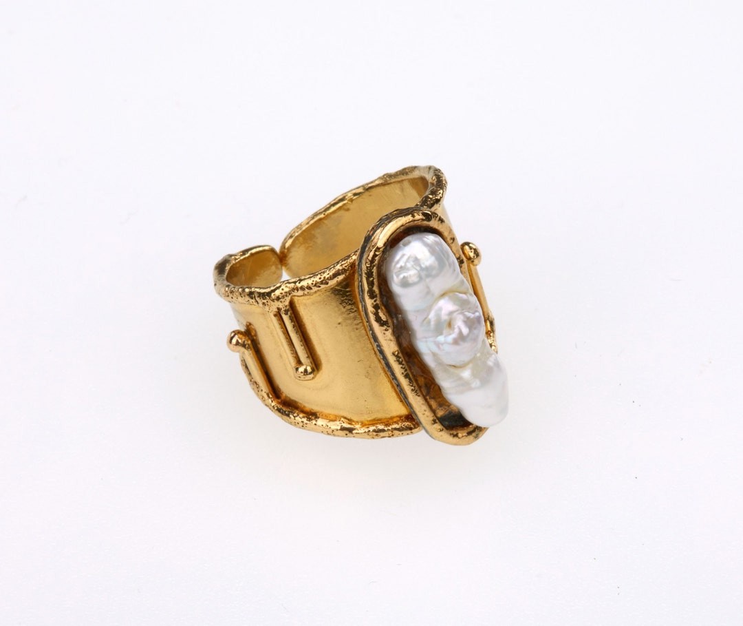 Rustic Baroque Pearl Ring With Staggered Ladder Band,long Bar Baroque ...