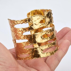 Very Wide Rustic Fashion Ripped Brass Cuff, Gold Toned Textured Brass ...