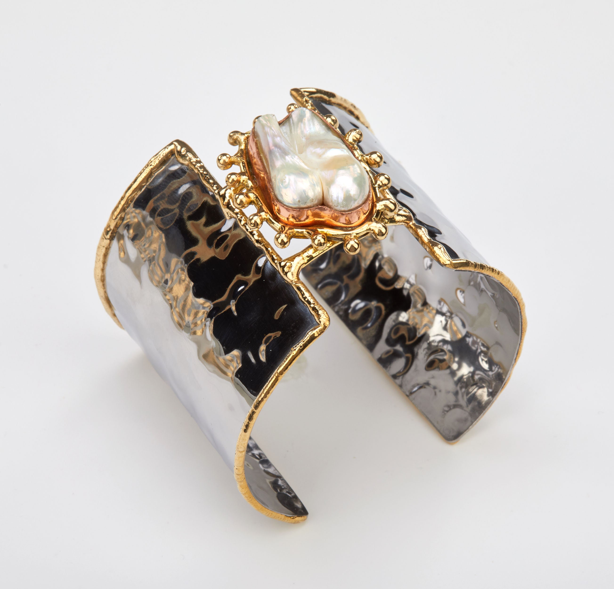 Large Baroque Pearl Cuff on Wide Stainless Steel Band,brass Rimed ...