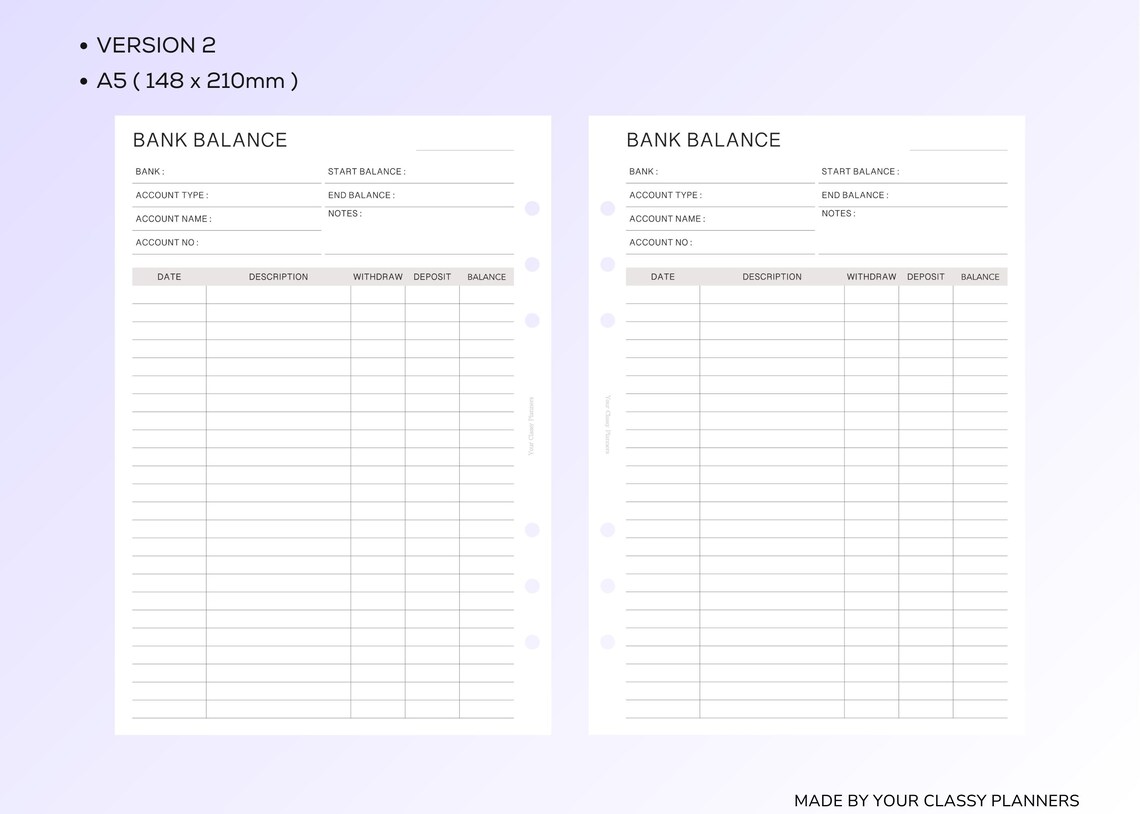 Bank Balance Tracker | A5 Finance Insert | Printable Withdrawal Deposit ...