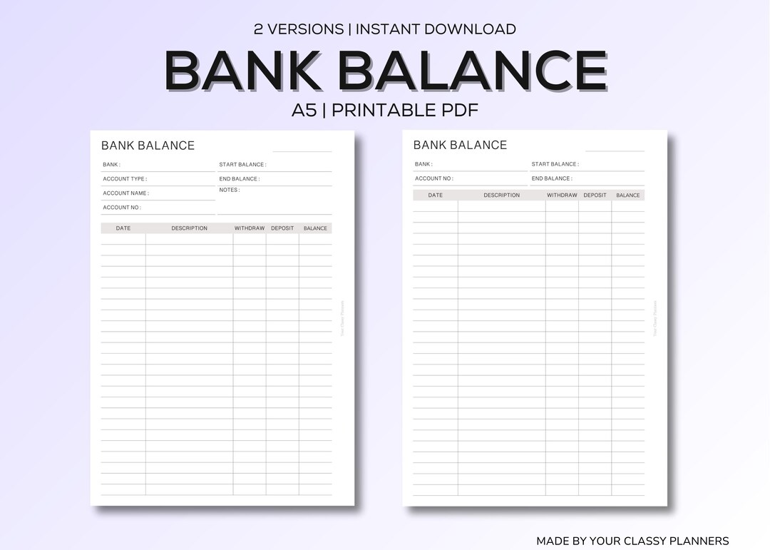 Bank Balance Tracker | A5 Finance Insert | Printable Withdrawal Deposit ...