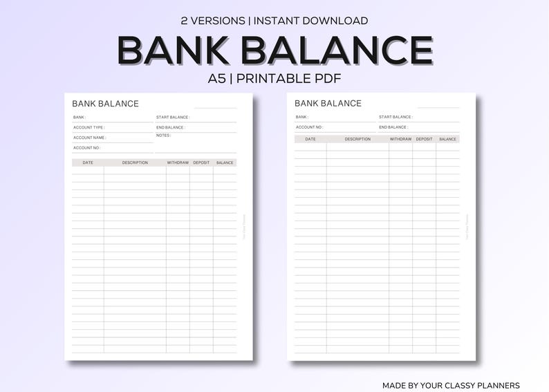 Bank Balance Tracker | A5 Finance Insert | Printable Withdrawal Deposit ...