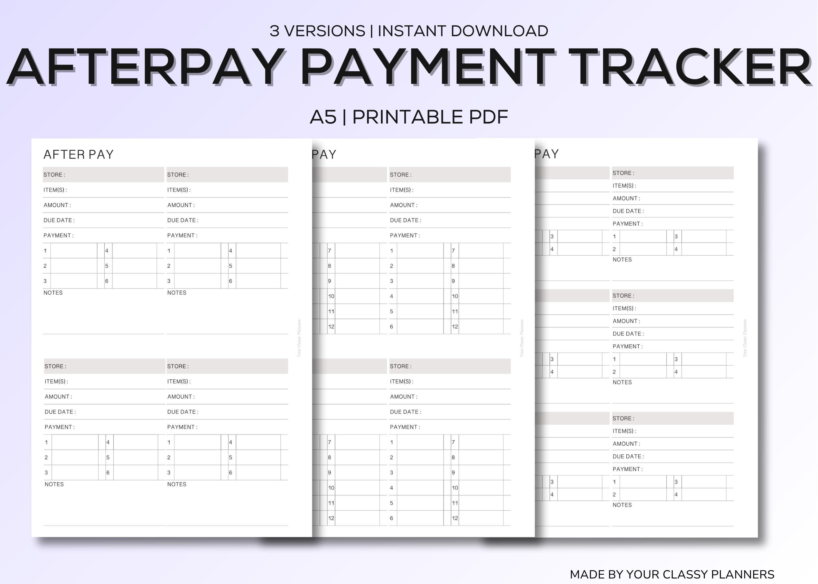 A5 Afterpay Tracker Printable, Buy Now Pay Later Payment Log ...