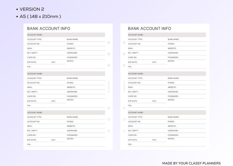 Bank Account Info Tracker | A5 Printable Insert | Account Organizer ...