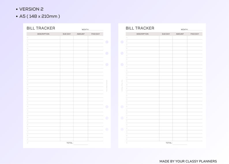 Monthly Bill Tracker | A5 Printable Insert | Bill Payment Log PDF | Monthly Budget Sheet | Due ...