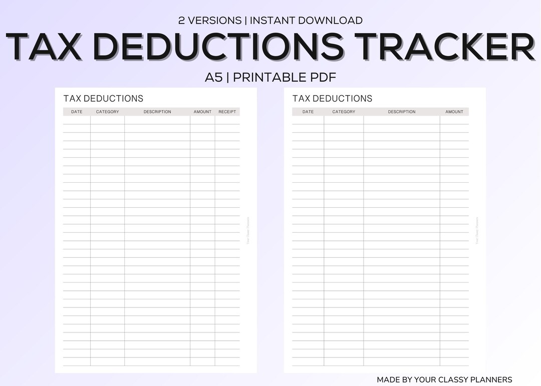 Tax Deductions Tracker | A5 Printable Insert | Expense Log Sheet ...