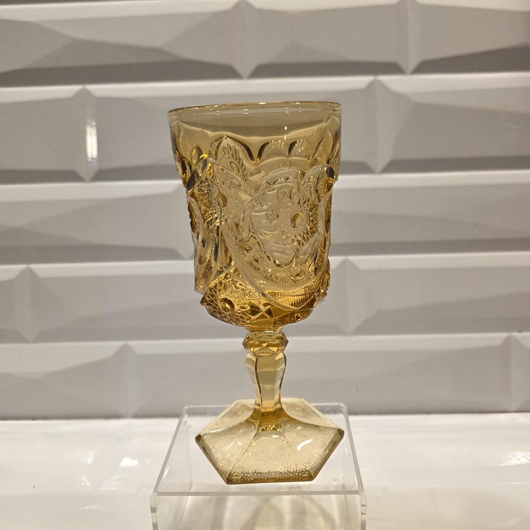Vintage Kemple Sextec Amber Gold Water Goblet Star & Floral Pattern-mcm ...