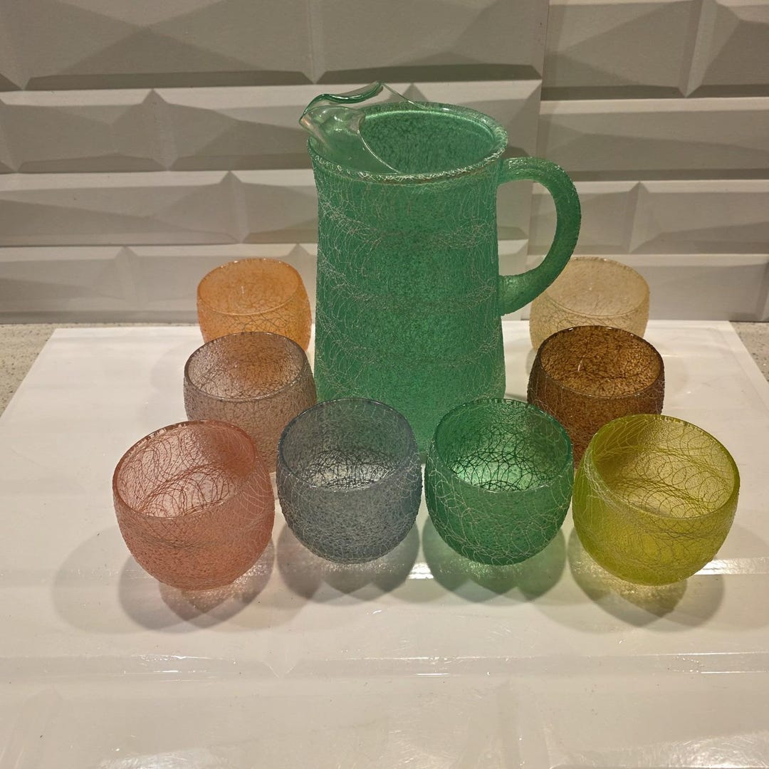 MCM Vintage Spaghetti String Pitcher & 8 Roly Poly Glasses - Etsy