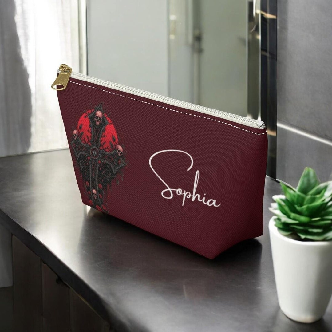 Personalized Gothic Makeup Bag - Custom Name Cosmetic Pouch - Goth Gift ...