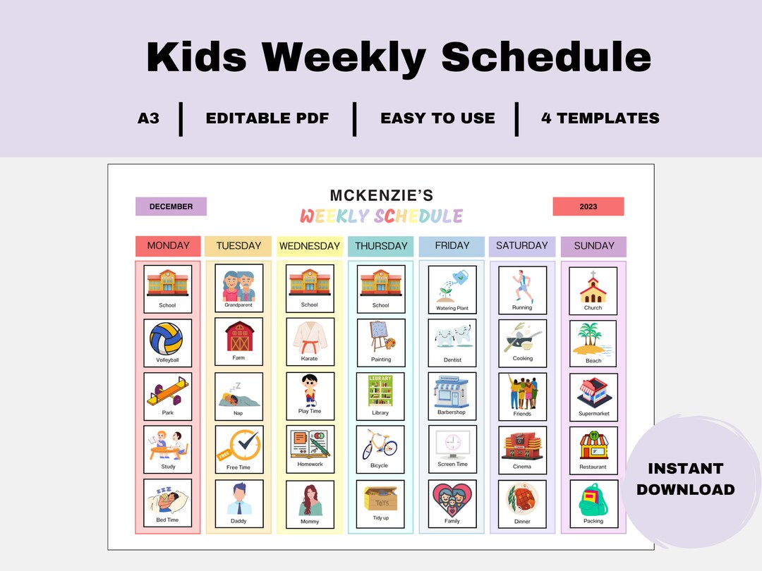 Kids Weekly Schedule | Visual Timetable Editable Pdfs | Autism Weekly ...