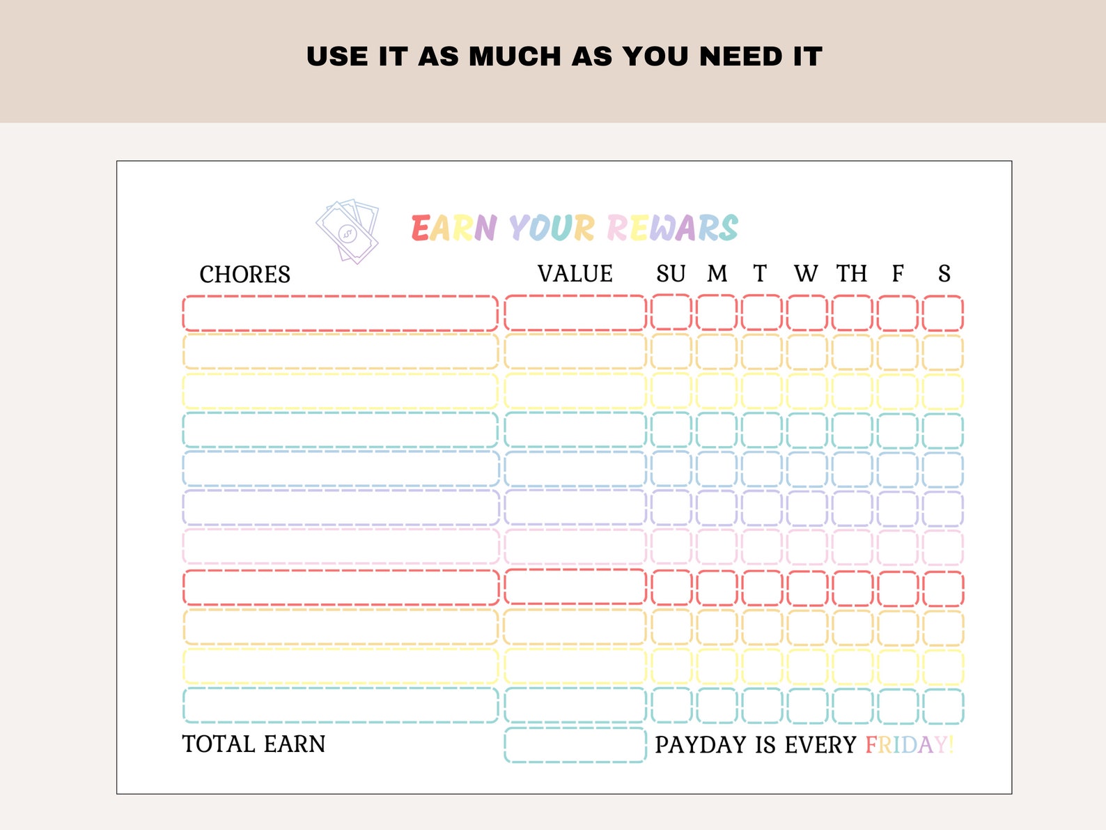 Earn Your Reward | Kids Allowance Tracker | Allowance Chart Digital ...
