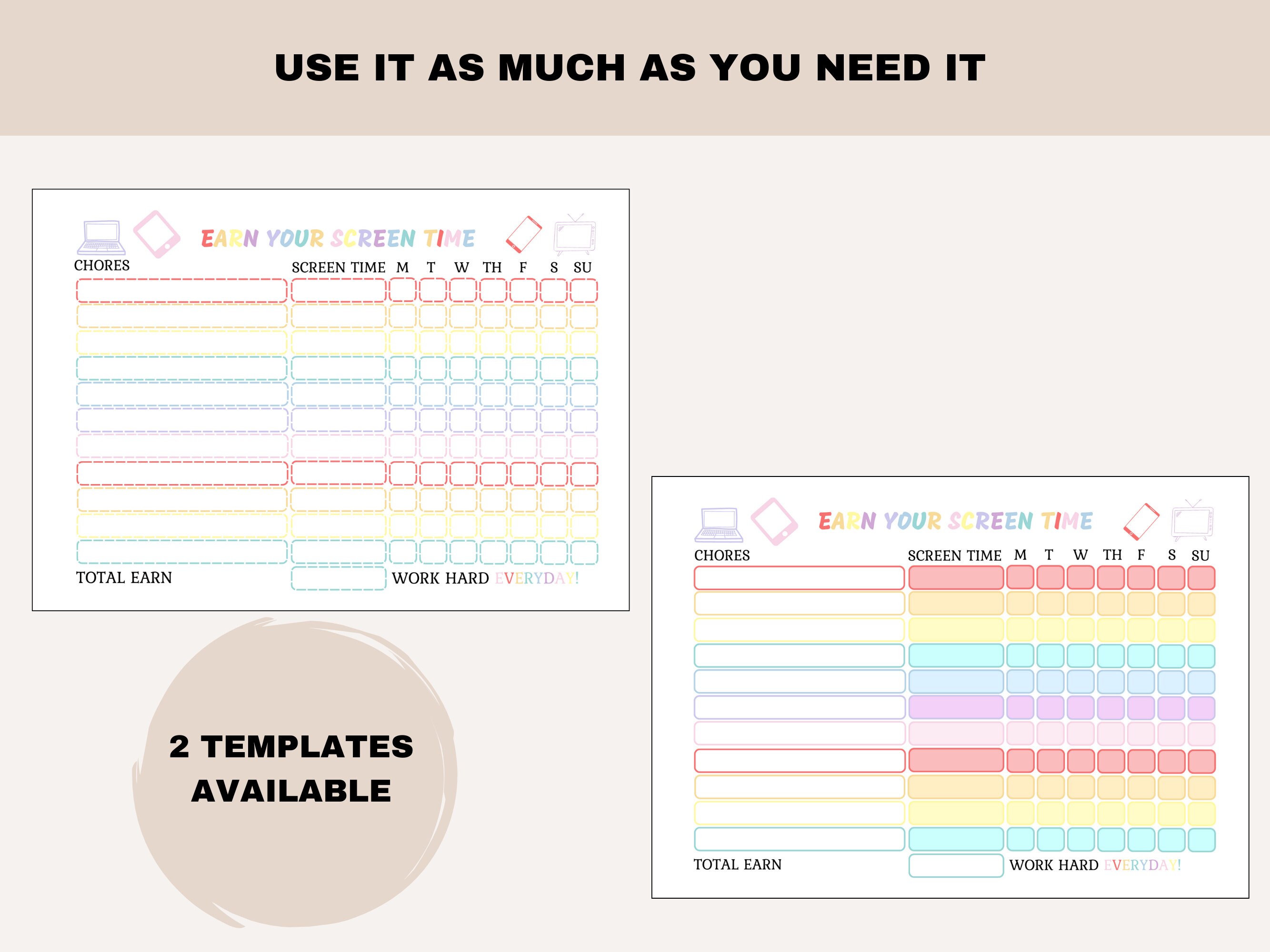 Screen Time Chart Earn Your Screen Time Pdfs Screen Time Tracker ...