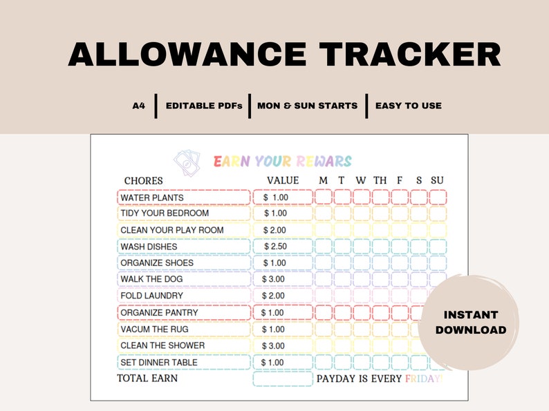 Earn Your Reward | Kids Allowance Tracker | Allowance Chart Digital ...