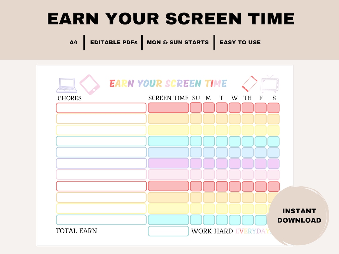 Screen Time Chart | Earn Your Screen Time Pdfs | Screen Time Tracker ...