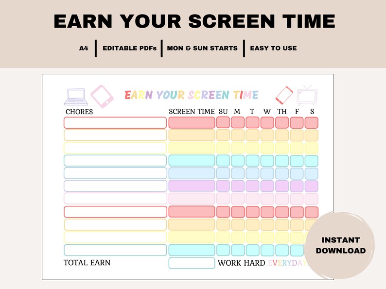 Screen Time Chart Earn Your Screen Time Pdfs Screen Time Tracker ...