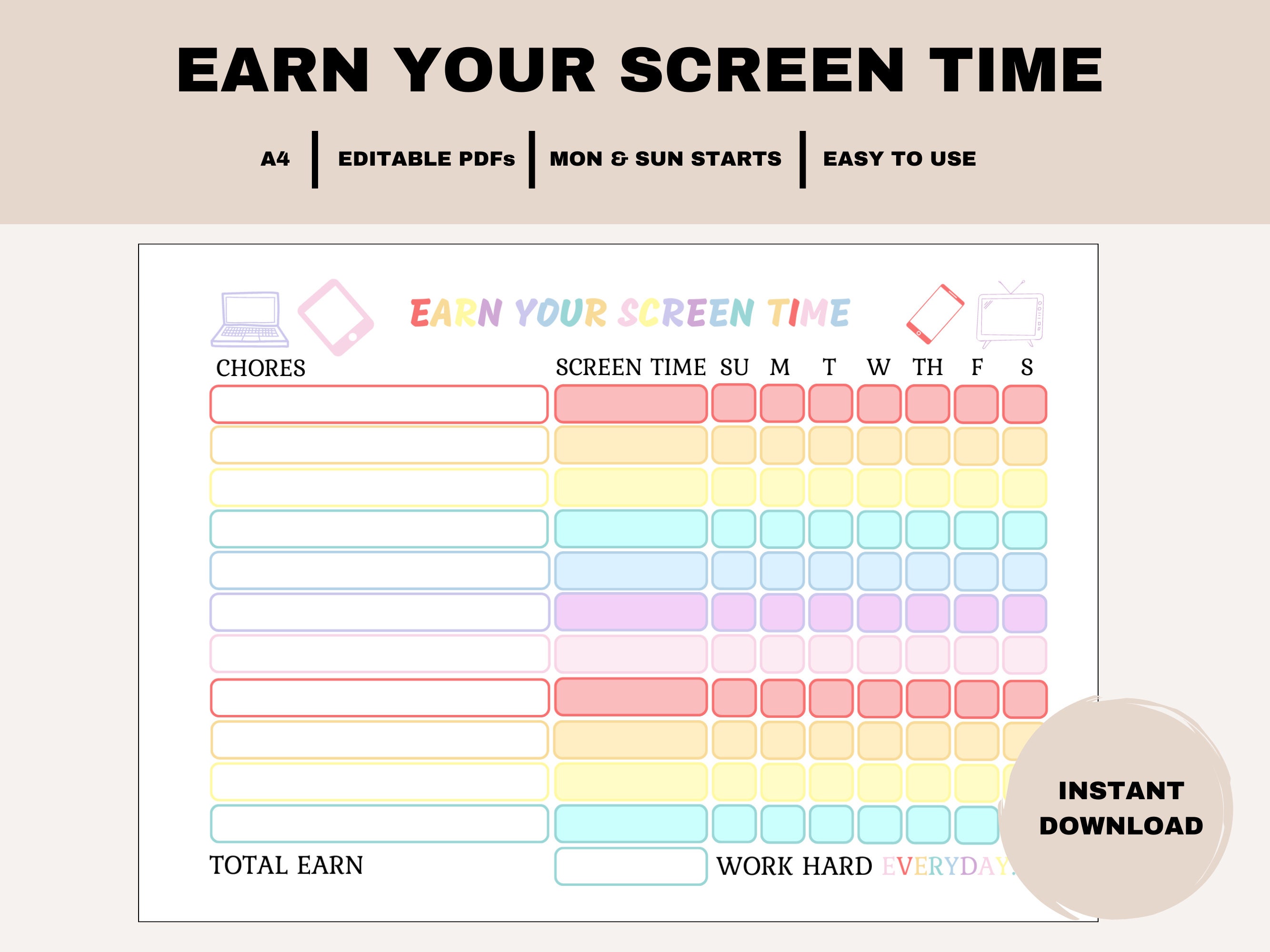 Screen Time Chart | Earn Your Screen Time Pdfs | Screen Time Tracker ...