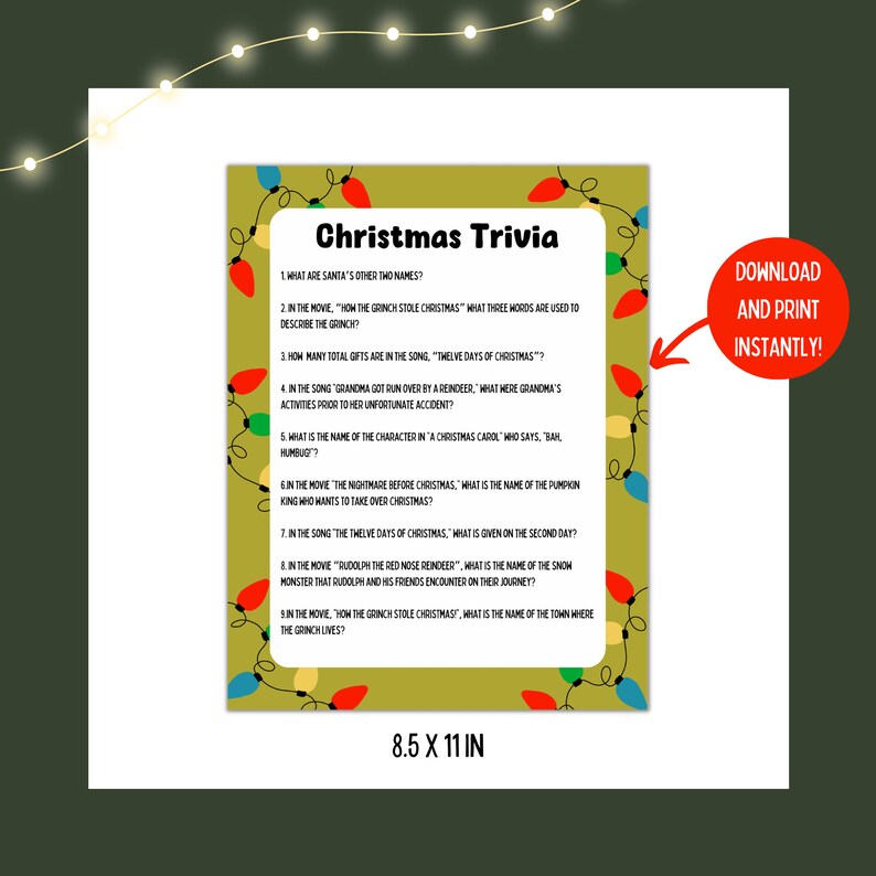 Christmas Trivia Printable Party Game Christmas Movie Trivia Game ...