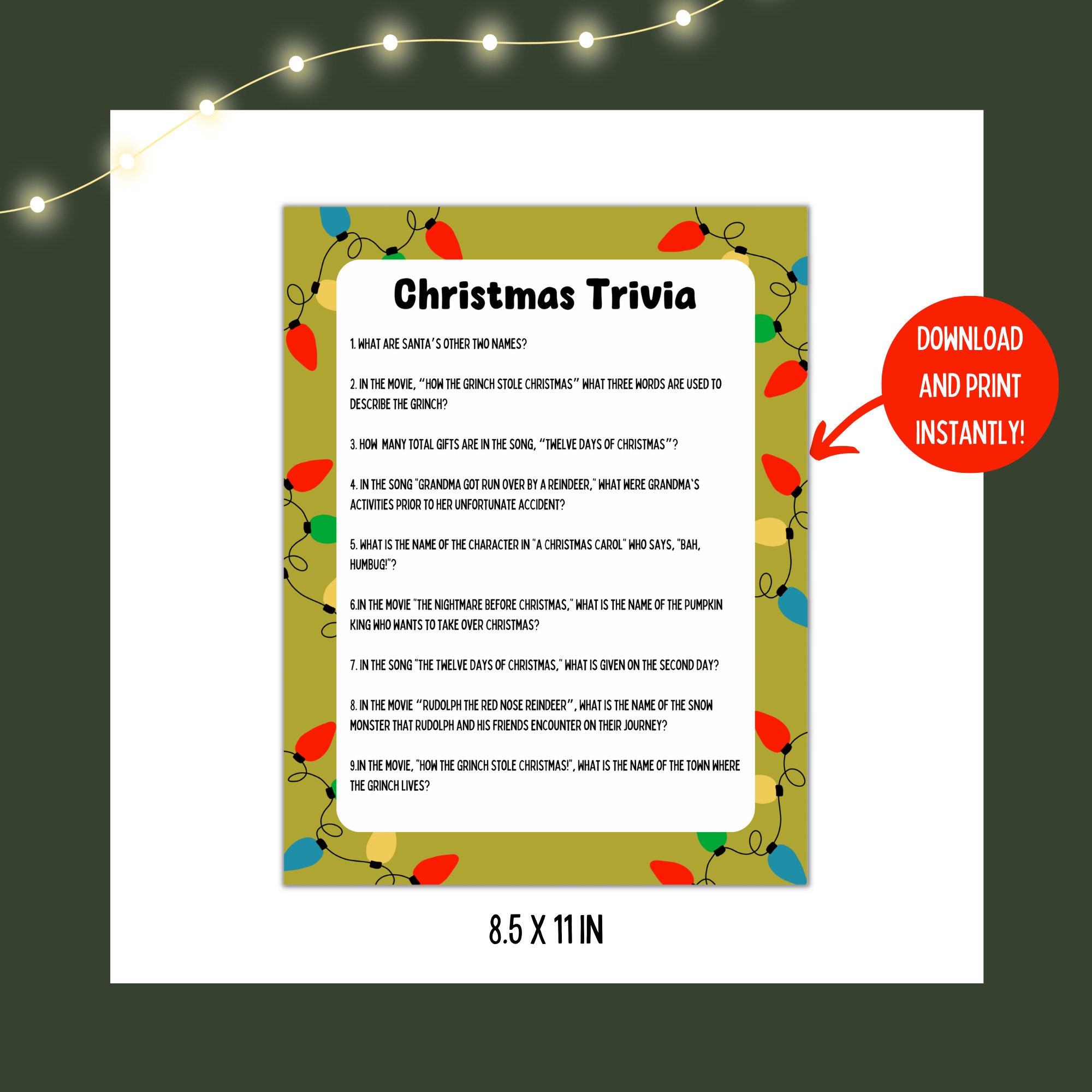 Christmas Trivia Printable Party Game Christmas Movie Trivia Game ...