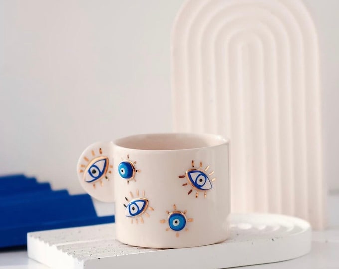 24K Gold Evil Eye Mug With Plate Turkish Coffee Mug Tea Mug Handmade ...