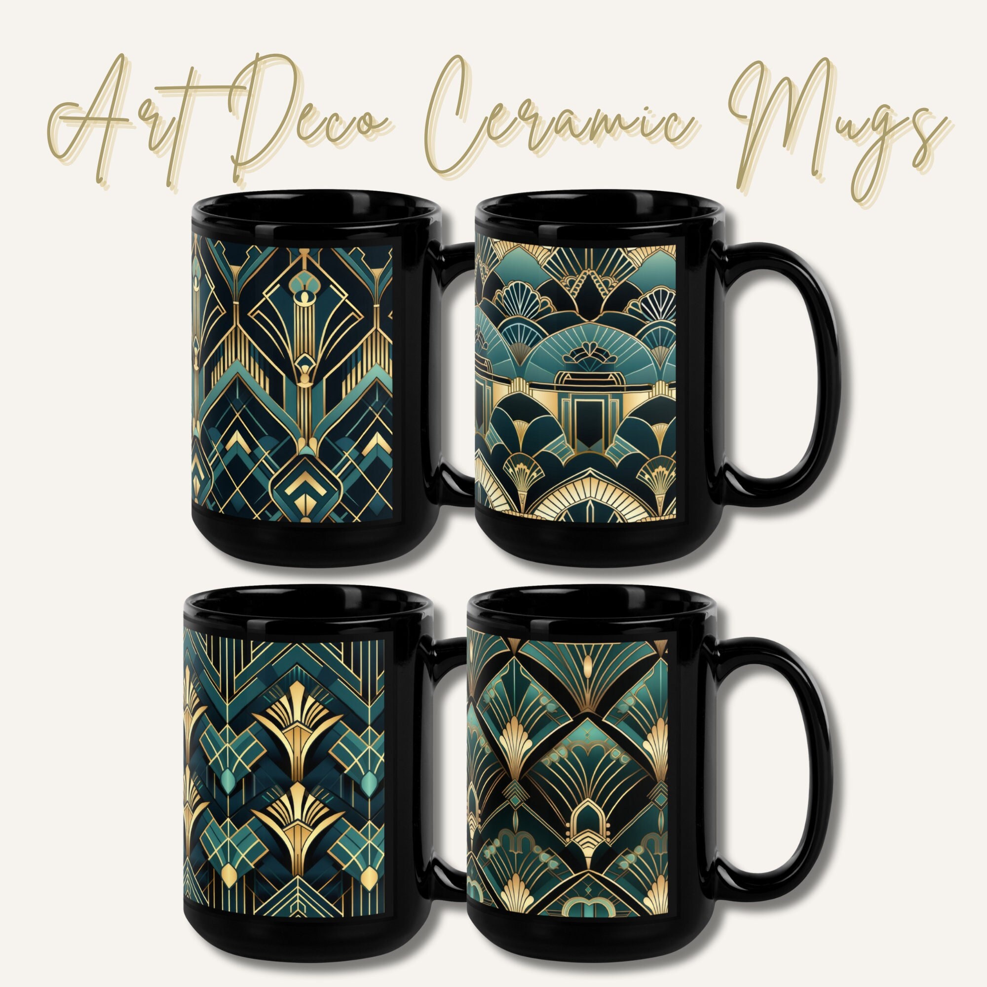 Art Deco Inspired Designer Black Ceramic Mug, Teal Green Gold Hues ...