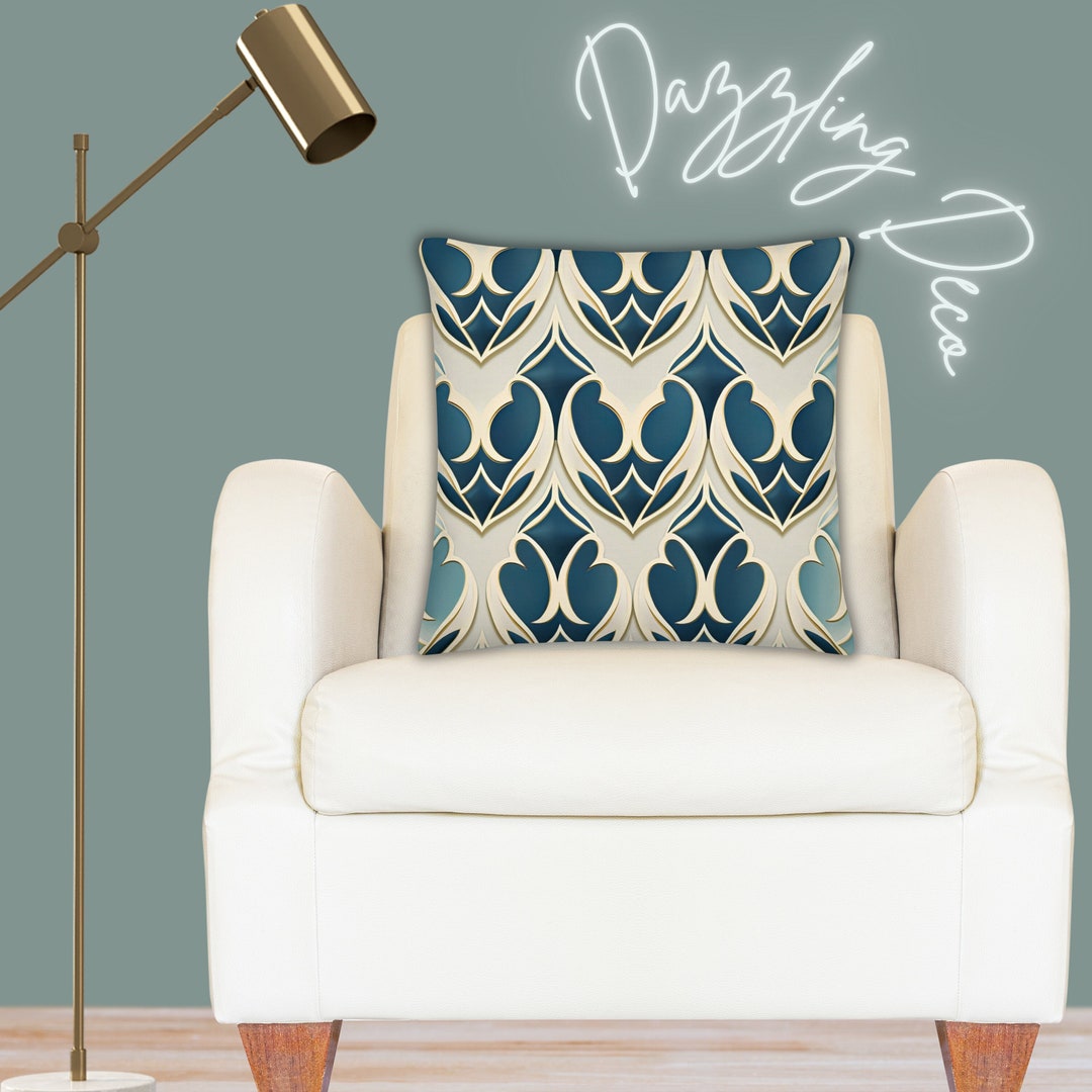 Art Deco Inspired Ogee Style Pattern Designer Premium Pillow, Blue ...