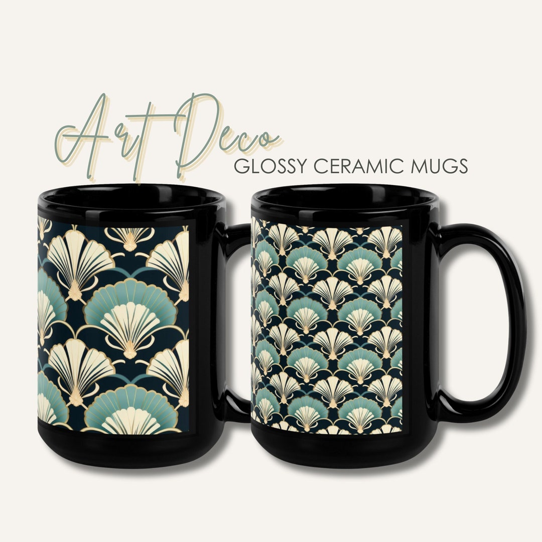 Art Déco Coffee Mug • Aqua Cream Gold Fan Design • Black Ceramic ...