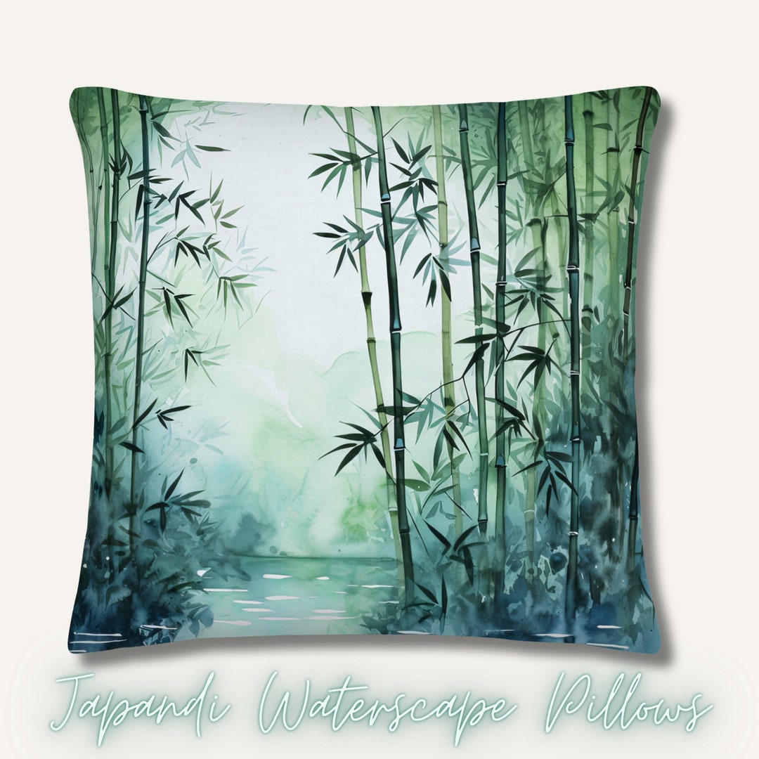 Japanese Bamboo Forest Waterscape Premium Pillow, Japandi Watercolour ...