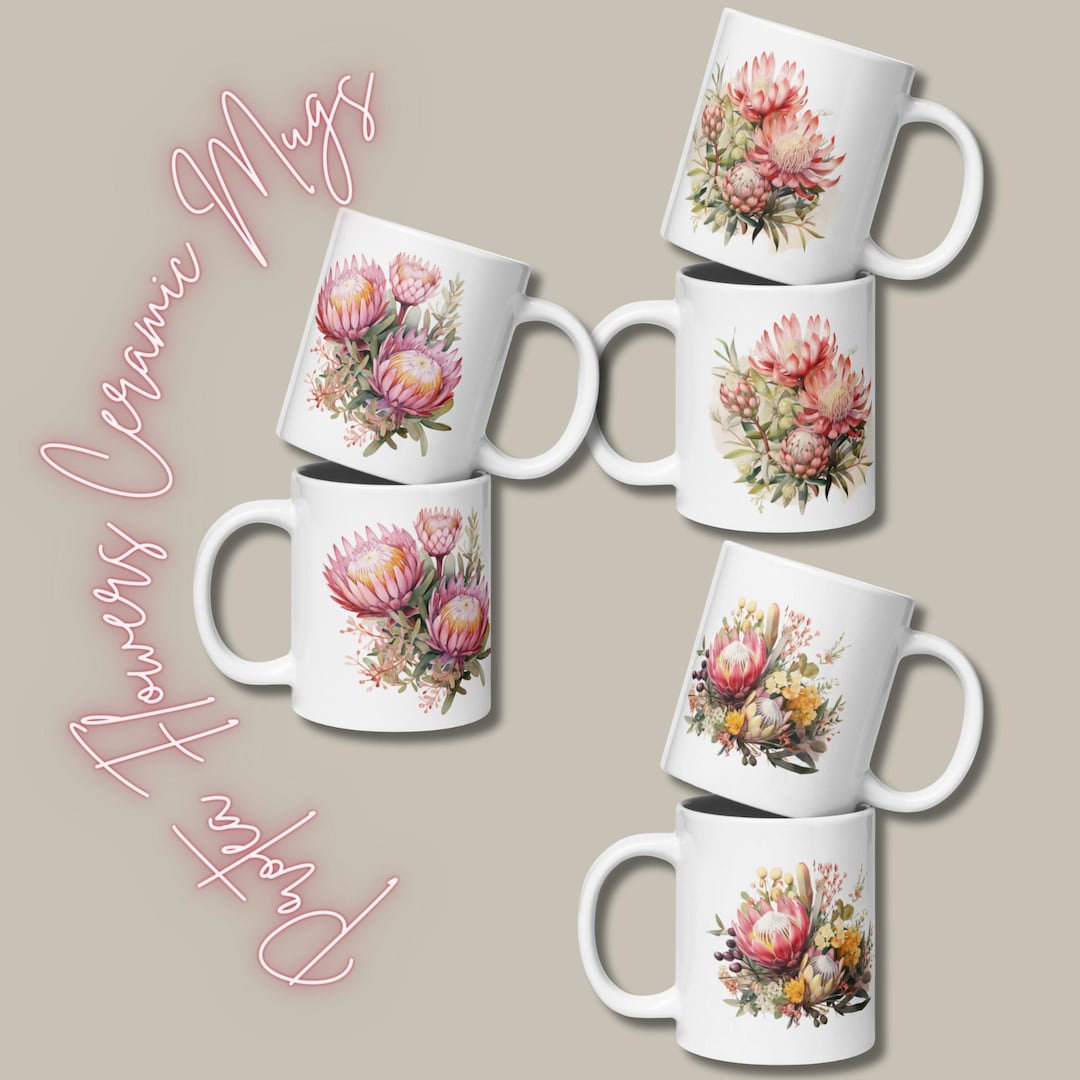 Protea Fynbos Floral Art Bouquet Ceramic Mugs, Botanical Kitchenware ...