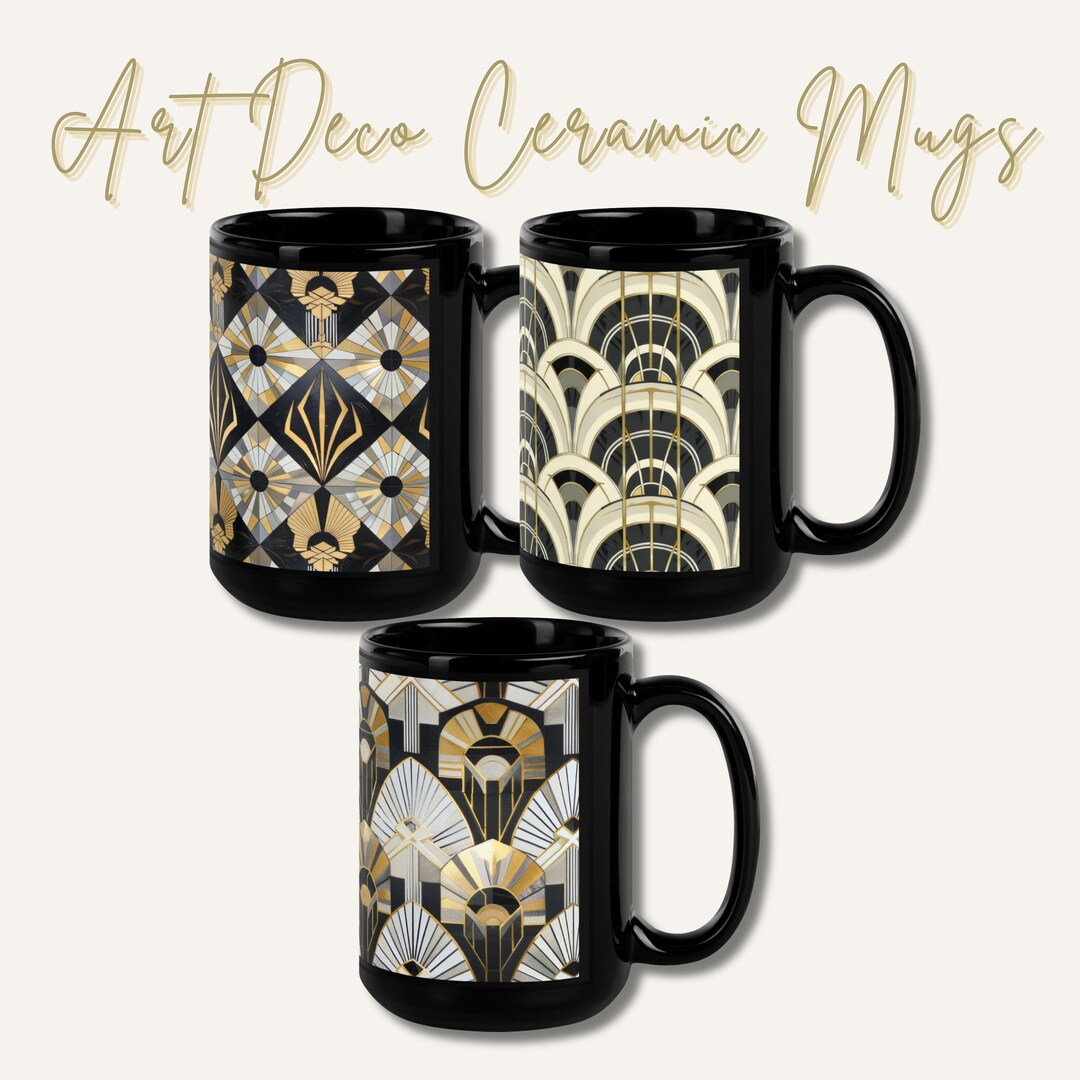 Art Deco Designer Graphic Ceramic Mugs, Black Gold Pewter Hues ...