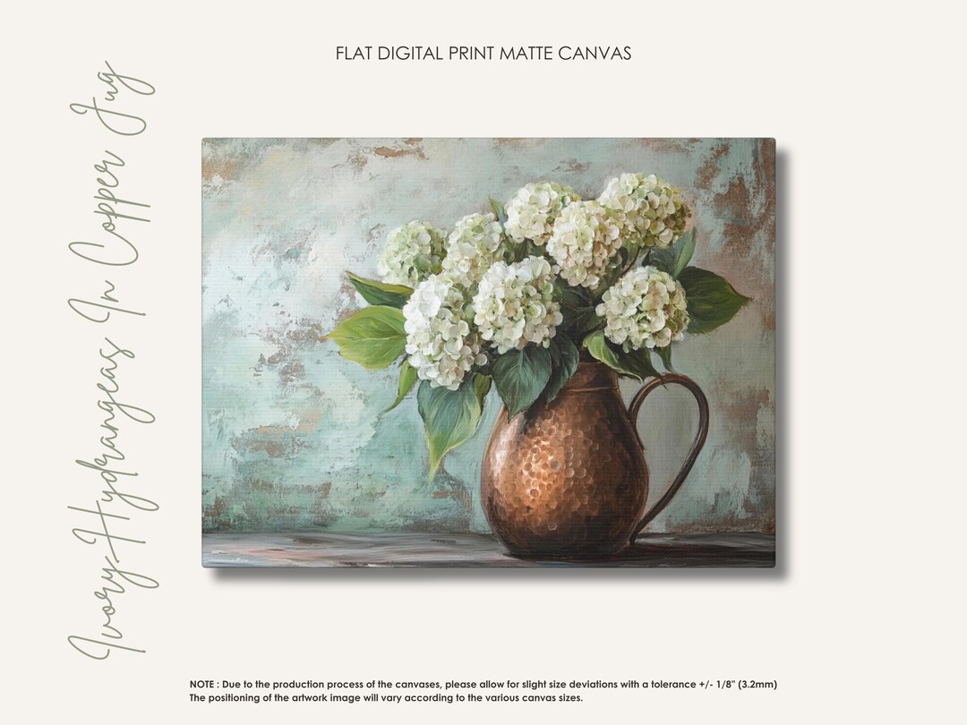 Rustic Cream Hydrangeas in Hammered Copper Pitcher Art, Soft Aqua Beige ...