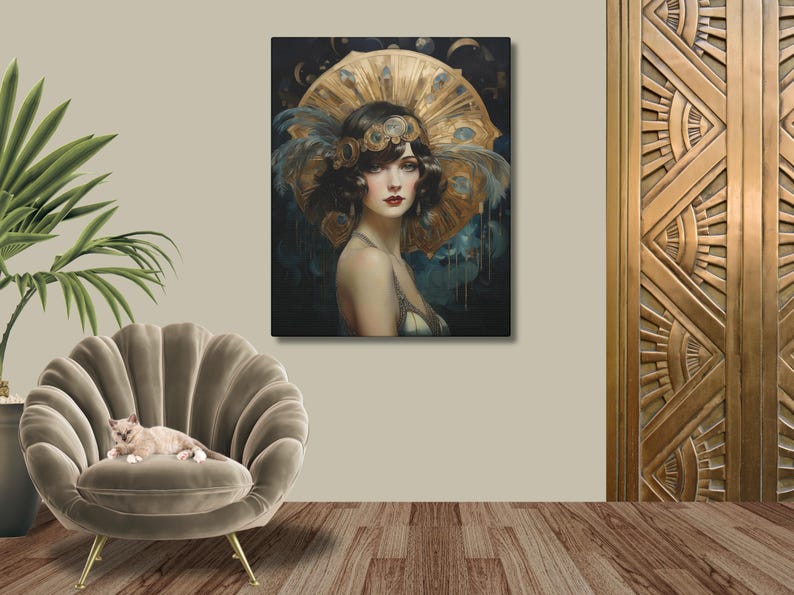 Art Déco Flapper Portrait • 1920s Glamour Print • Gold & Teal Colours ...