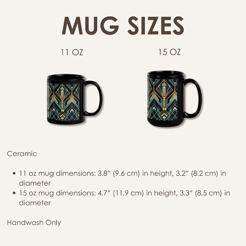Art Deco Inspired Designer Black Ceramic Mug, Teal Green Gold Hues ...