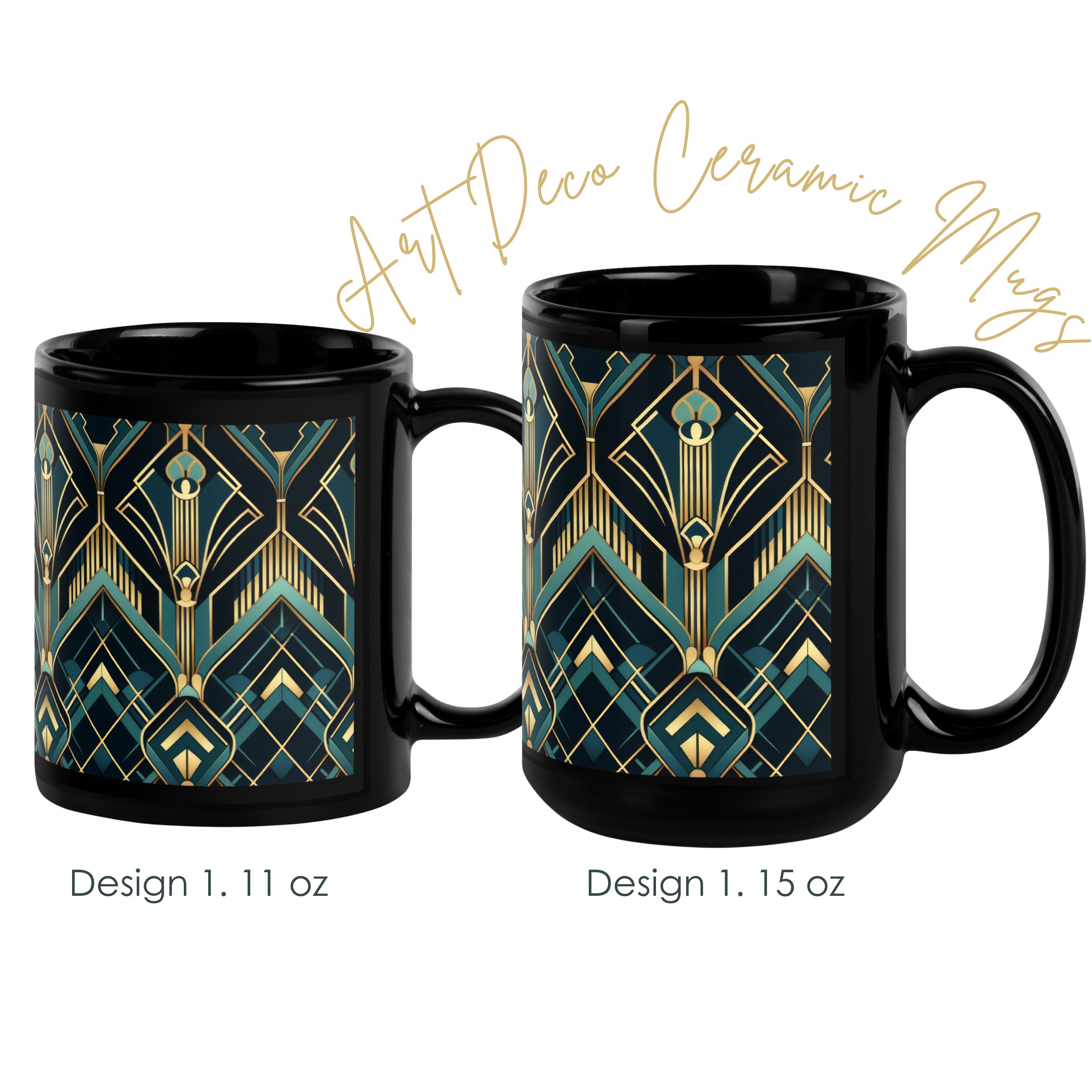 Art Deco Inspired Designer Black Ceramic Mug, Teal Green Gold Hues ...