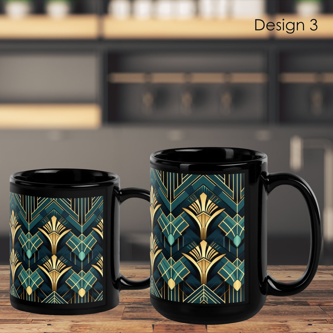 Art Deco Inspired Designer Black Ceramic Mug, Teal Green Gold Hues ...