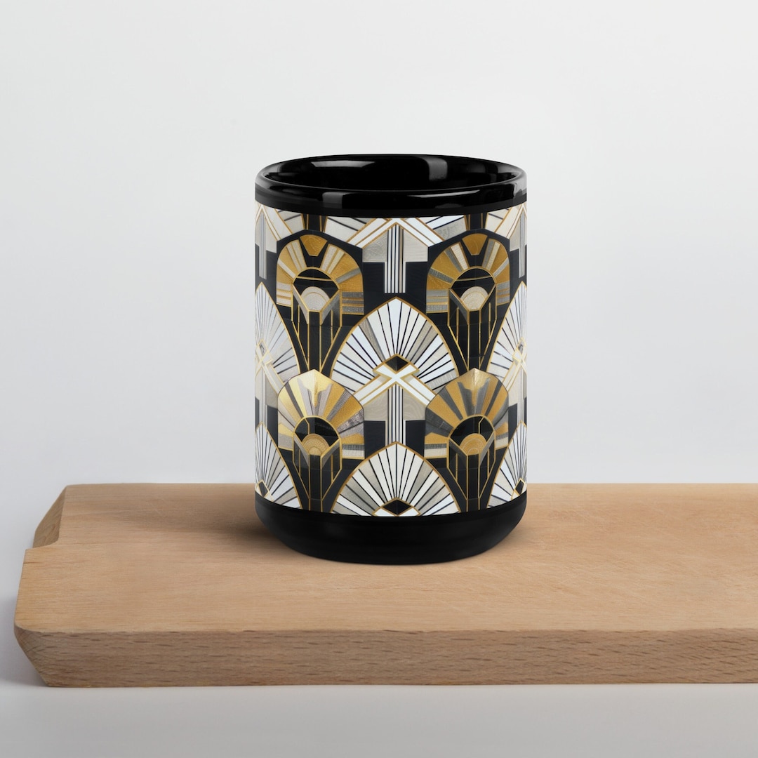 Art Deco Designer Graphic Ceramic Mug, Black Gold Pewter Hues ...