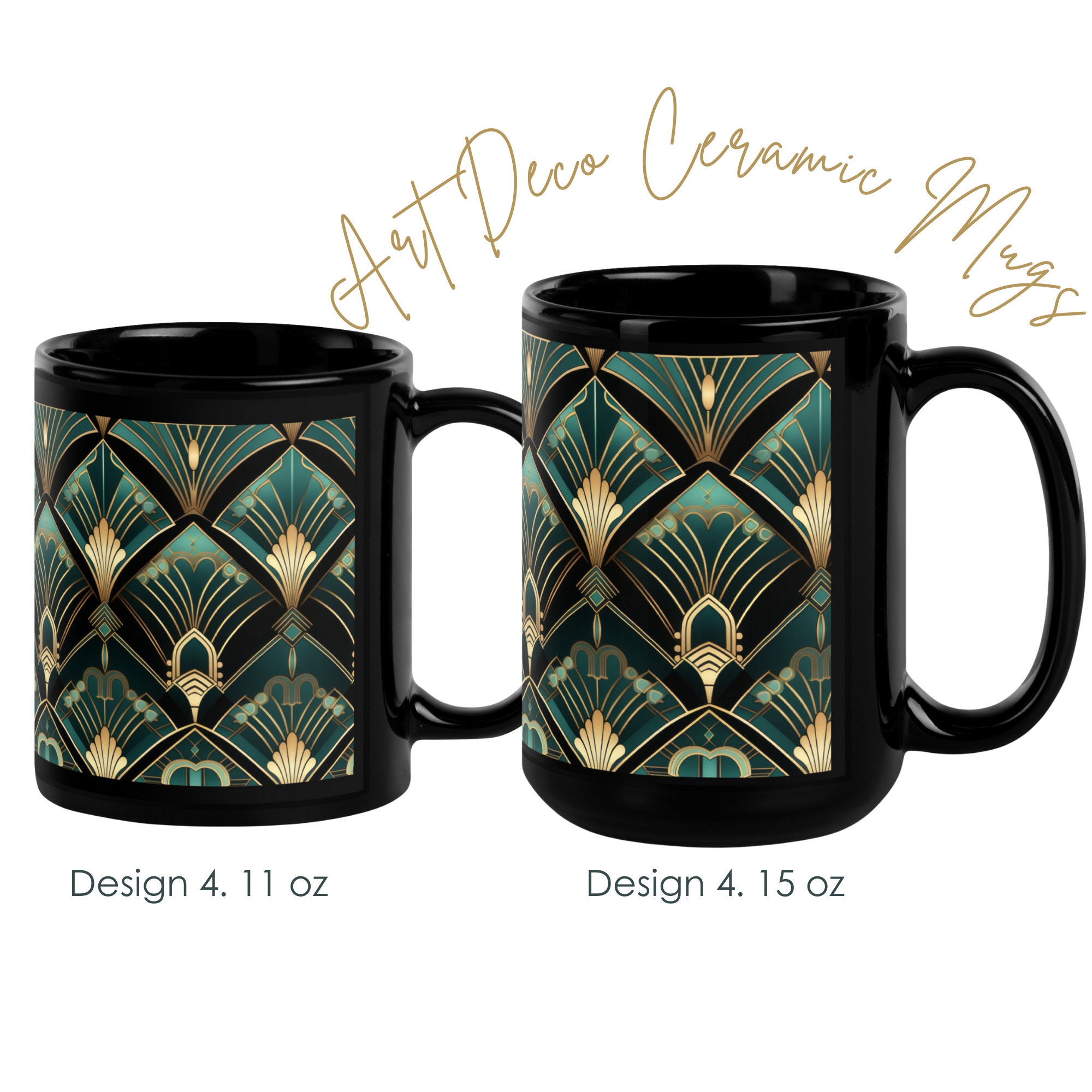 Art Deco Inspired Designer Black Ceramic Mug, Teal Green Gold Hues ...