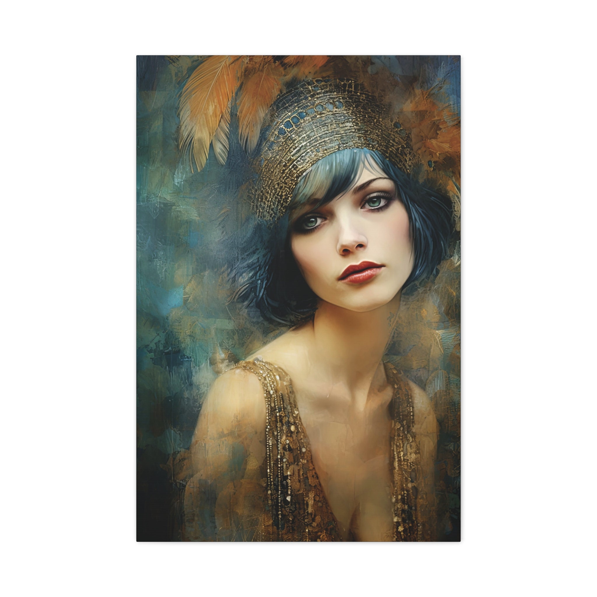 Art Deco Flapper Portrait Canvas Print • Teal, Gold & Orange Wall Decor ...