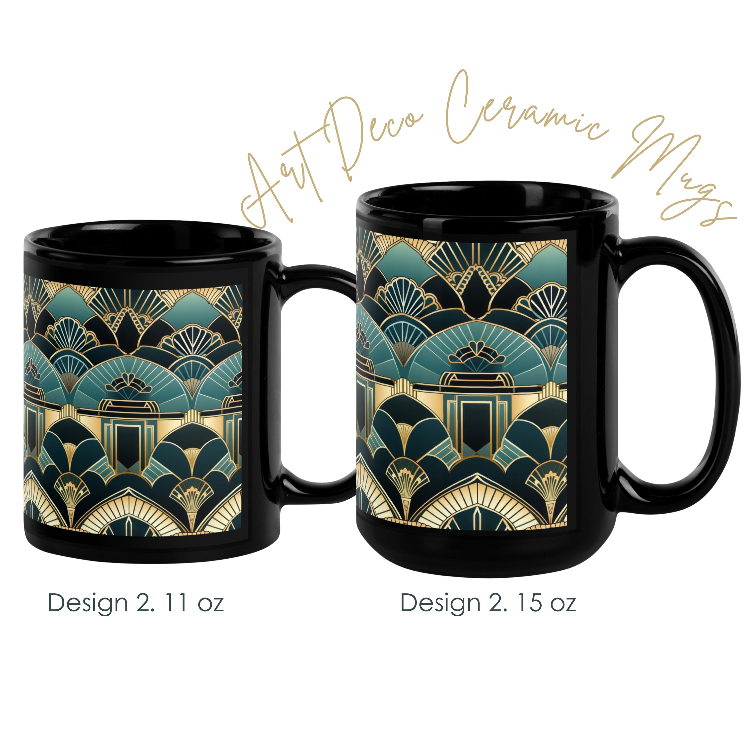Art Deco Inspired Designer Black Ceramic Mug, Teal Green Gold Hues ...