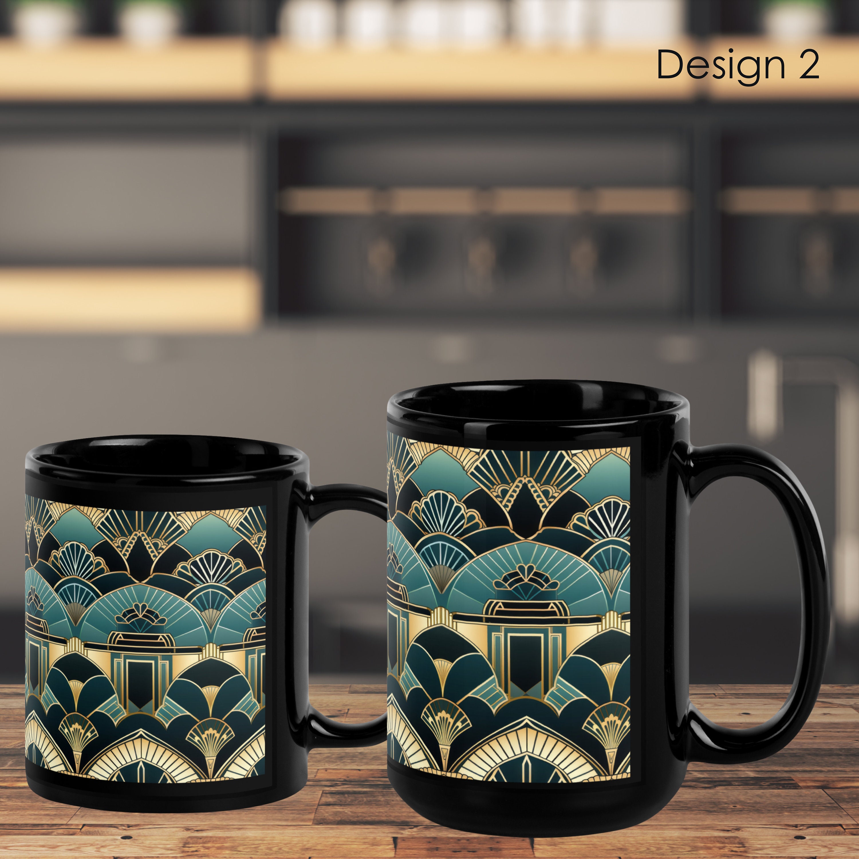 Art Deco Inspired Designer Black Ceramic Mug, Teal Green Gold Hues ...