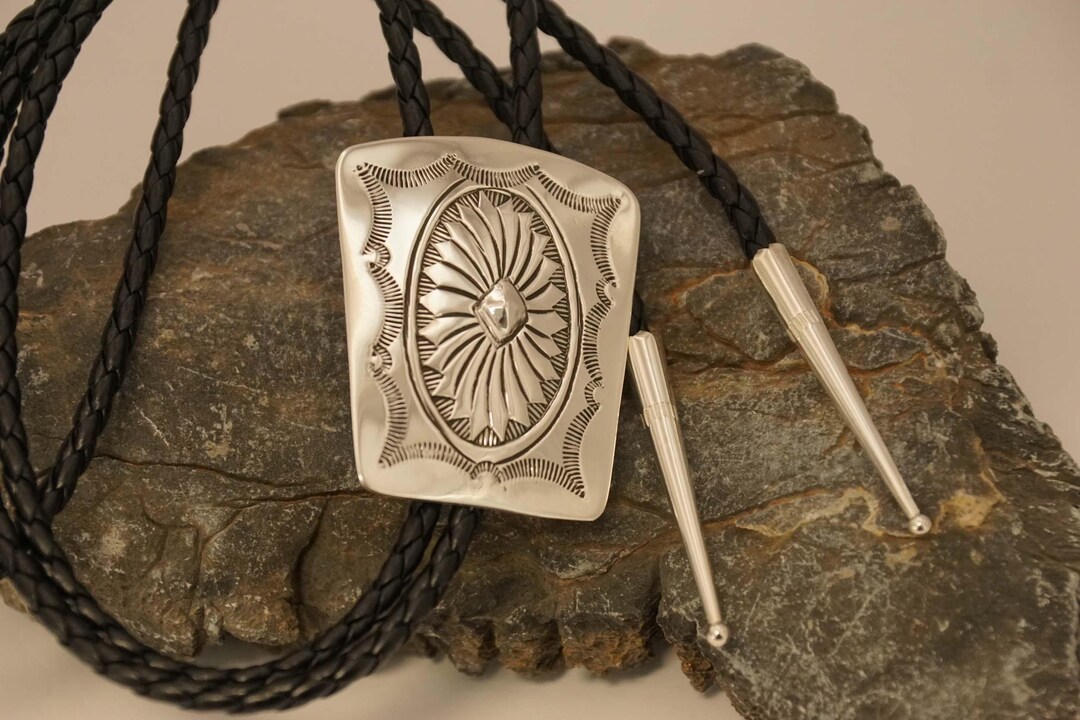 Handmade Silver Native Bolo Tie Floral Design in Elongated Ornate ...