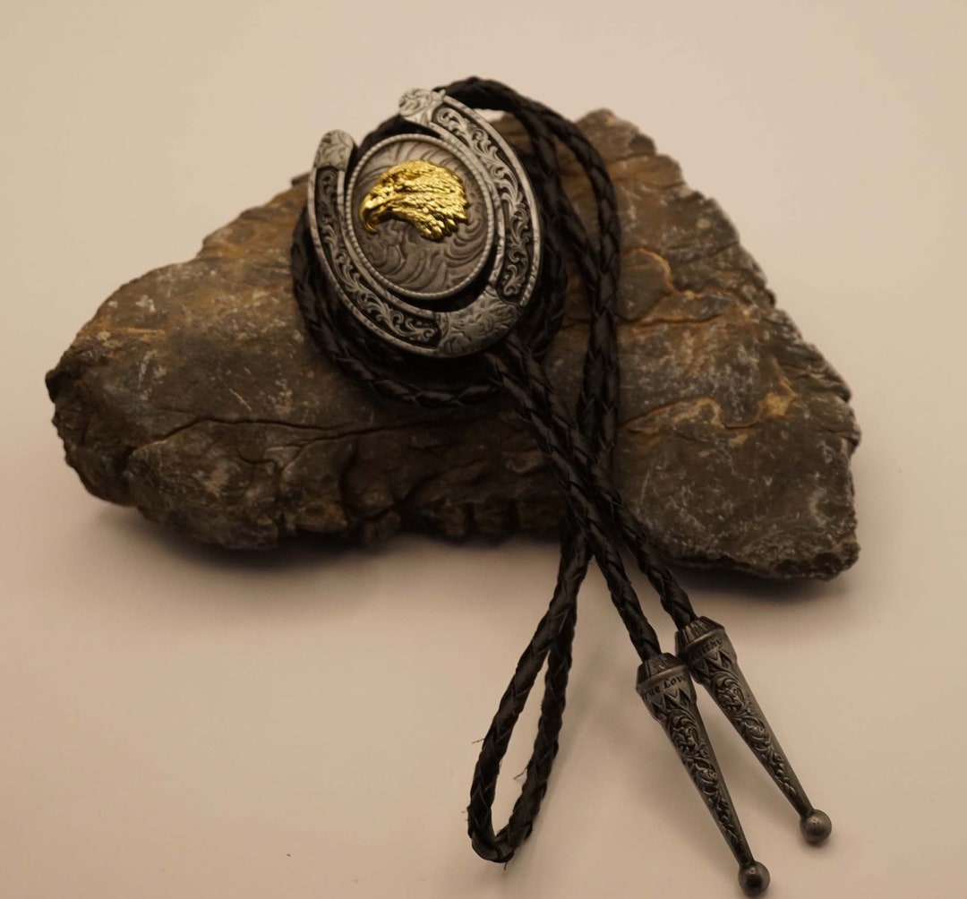 Bolo Tie of a Gold Eagle Head in a Horseshoe Color Nickel / Gold - Etsy