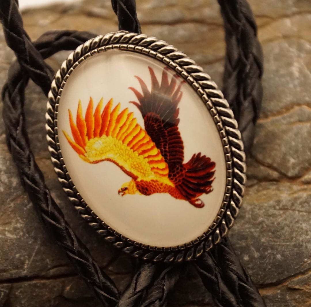 Leather Lace-up Tie - Bolo Tie Flying Eagle in Nickel Rope Motif Edge ...