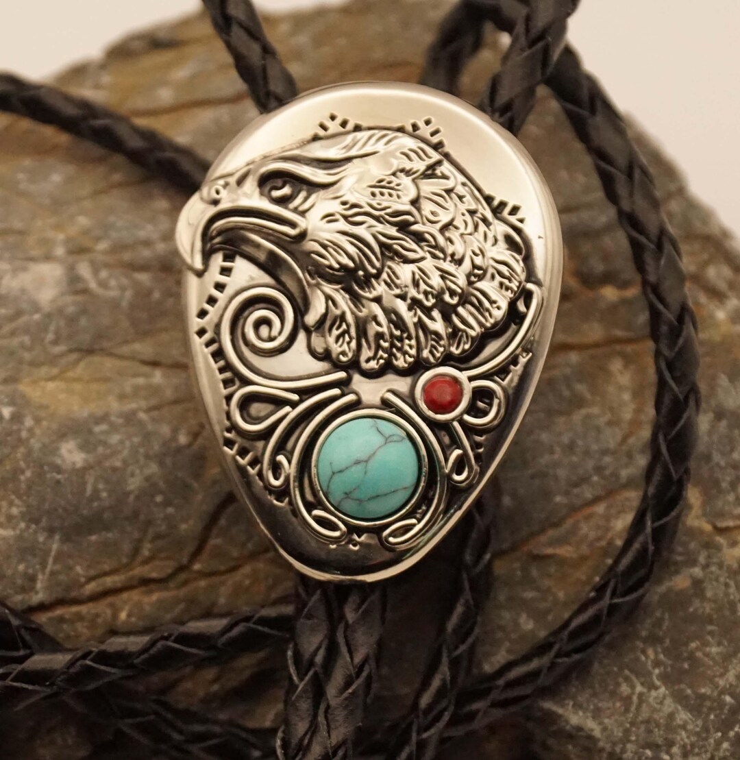 Leather Western Tie - Bolo Tie Eagle Head With Blue and Red Stone - Etsy