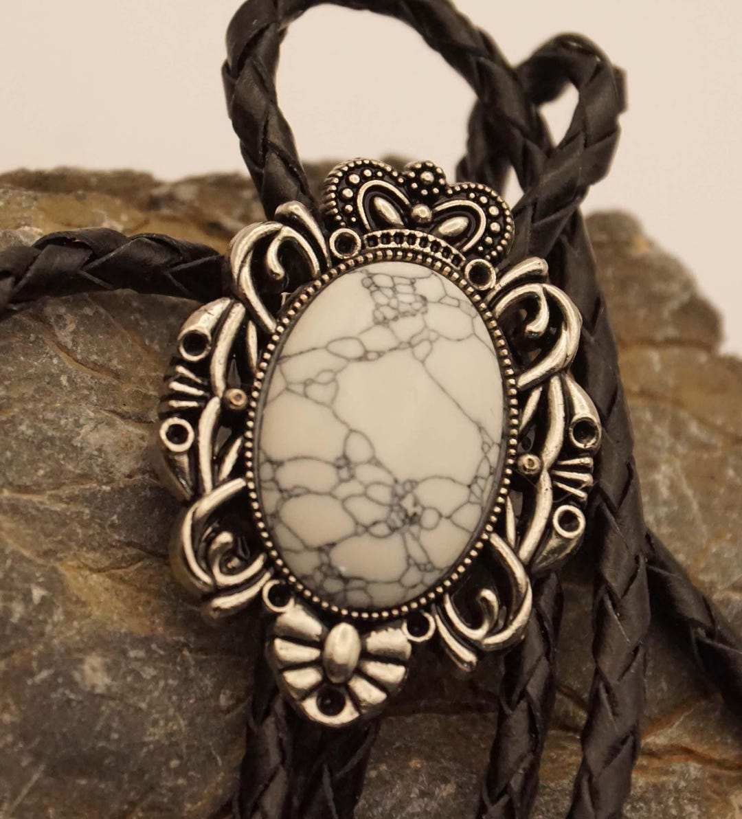 Leather Neck Cord Bolo Tie Decorative Edge With Crown White Stone in ...